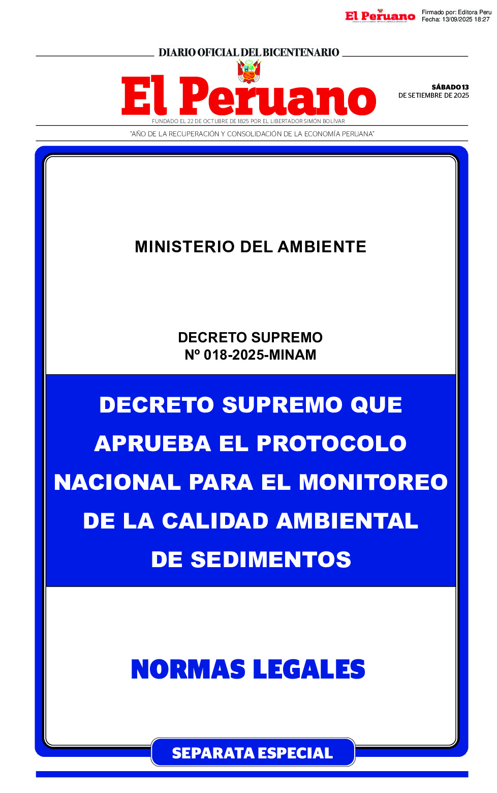 Decreto Supremo que aprueba el protocolo nacional para el monitoreo de la calidad ambiental de ...